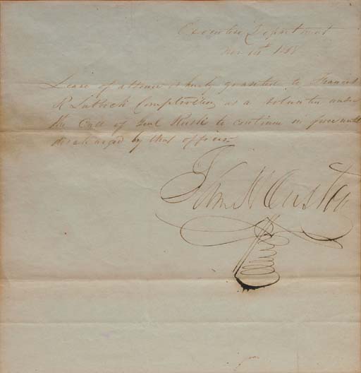 A IMPORTANT AND RARE AUTOGRAPH LETTER SIGNED BY SAM HOUSTON, 1838