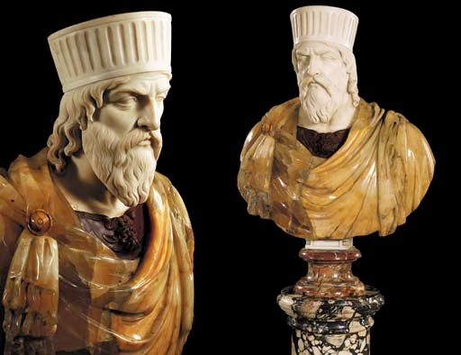 An Italian life-size marble and onyx bust of King Solomon, on pedestal ...