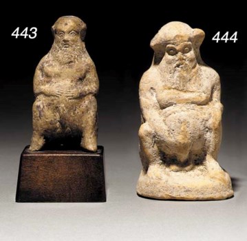 A GREEK TERRACOTTA FIGURE OF AN ITHYPHALLIC SATYR , CIRCA 5TH CENTURY B ...