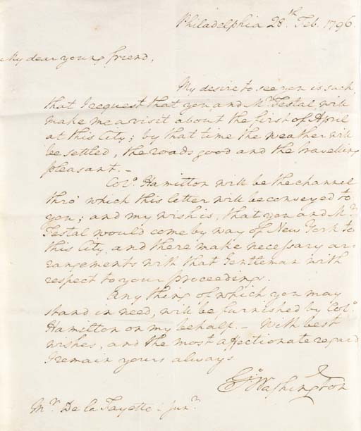 WASHINGTON, George. Autograph letter signed ("Go:Washington") as ...