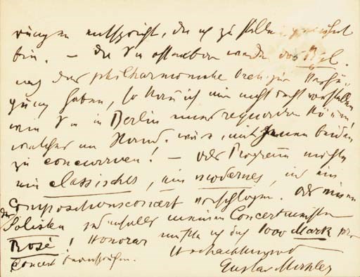 MAHLER, Gustav (1860-1911). Autograph letter signed ("Gustav Mahler ...