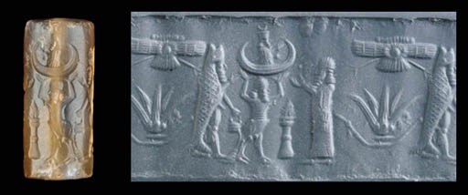 A NEO-ASSYRIAN BLUE-GRAY CHALCEDONY CYLINDER SEAL , CIRCA 750-650 B.C ...