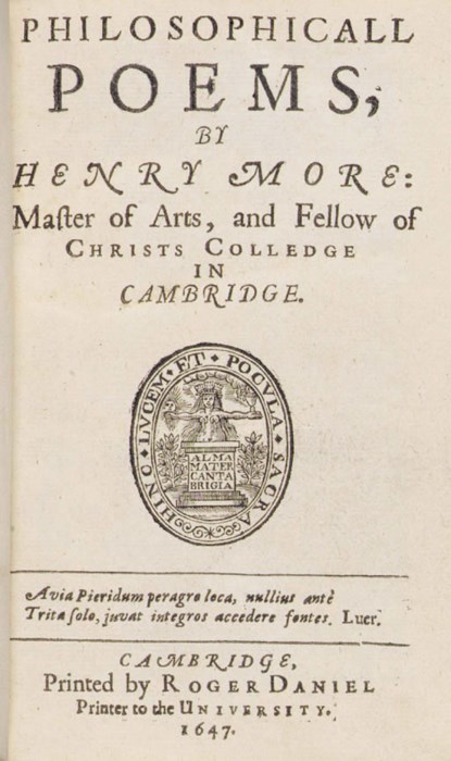 MORE, Henry (1614-1687). Philosophicall Poems. Cambridge: Printed by ...