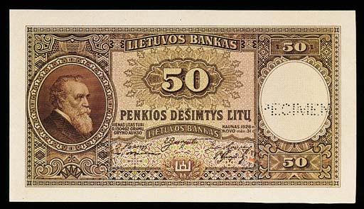 Bank of Lithuania, colour trial obverse and reverse 50-Litu, 1928 ...