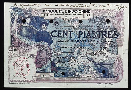 Banque de l'Indochine, trial 100-Piastres, Saigon, 31 September 1907 ...