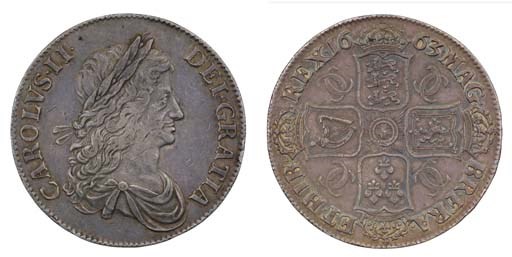 Crown, 1663, by John Roettier, first laureate, draped bust right, top ...