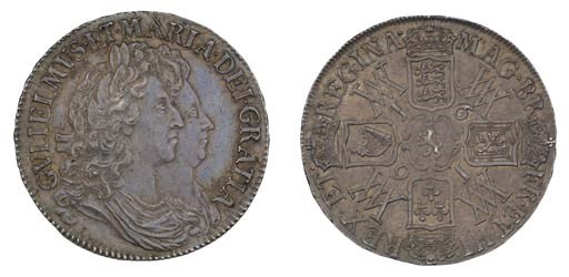 Crown, 1691, by James and Norbert Roettier, conjoined laureate, draped ...