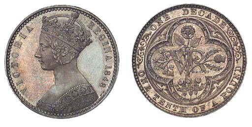 Victoria, Pattern Florin, 1848, crowned Gothic style bust left ...