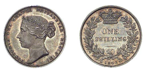 Victoria, Pattern Shilling, 1863, by Charles Wiener, coronetted bust ...