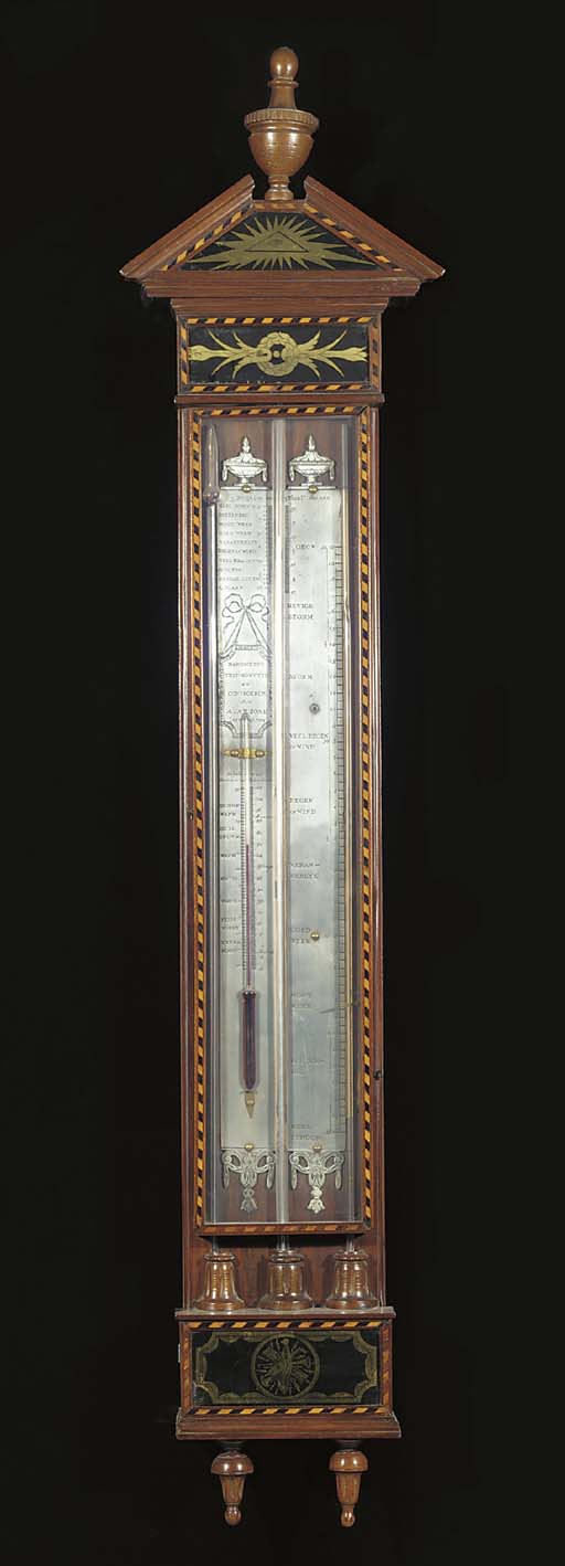 A Dutch mahogany and verre eglomisee cistern barometer