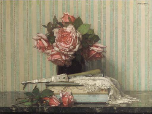 Jan Bogaerts (Dutch, 1878-1962) , A still life with pink roses, a fan ...