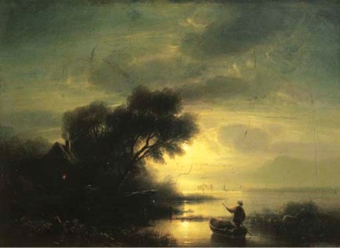 August Seidel (German, 1820-1904) , A fisherman in a moonlit landscape ...