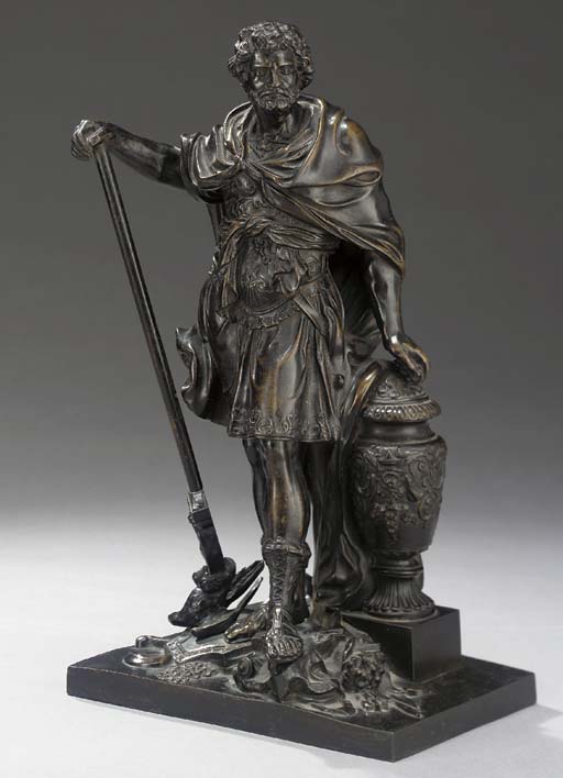 A BRONZED IRON FIGURE OF HANNIBAL COUNTING THE RINGS OF THE ROMAN ...