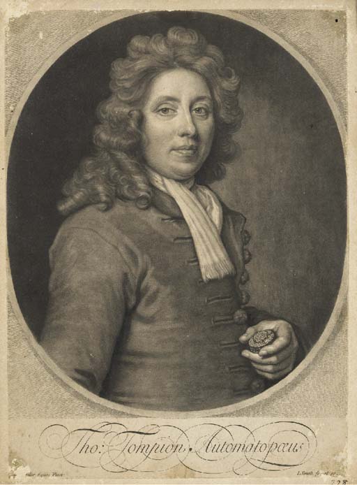 A framed and glazed mezzotint portrait of Thomas Tompion, Automatopaeus