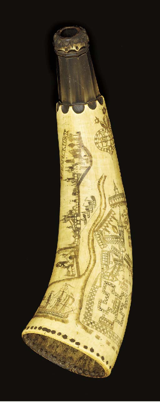 THREE COW-HORN POWDER-FLASKS, AND A SCOTTISH HUNTING HORN