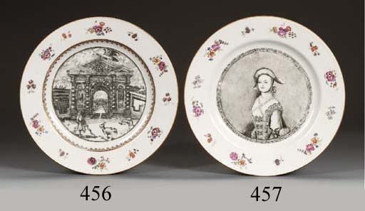 A RARE FAMILLE ROSE AND GRISAILLE 'CATHERINE GUNNING' PLATE