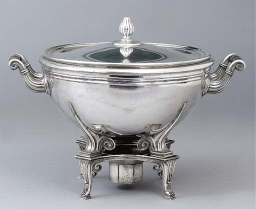A German silver cauldron, cover and stand