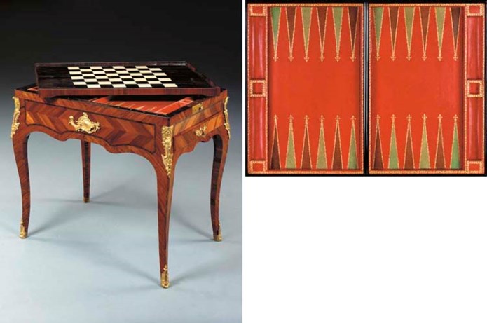 A LOUIS XV ORMOLU-MOUNTED KINGWOOD, BOIS SATINE, AMARANTH, EBONY AND IVORY PARQUETRY TRIC-TRAC ...