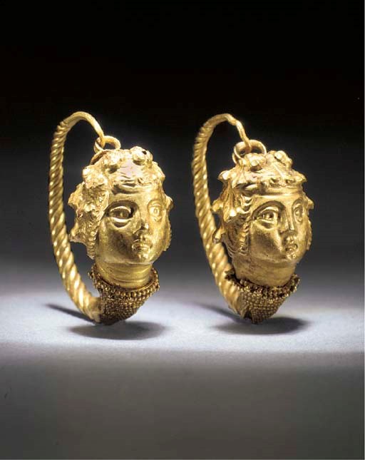 A PAIR OF LARGE GREEK GOLD EARRINGS WITH MAENAD HEAD TERMINALS , 4TH ...