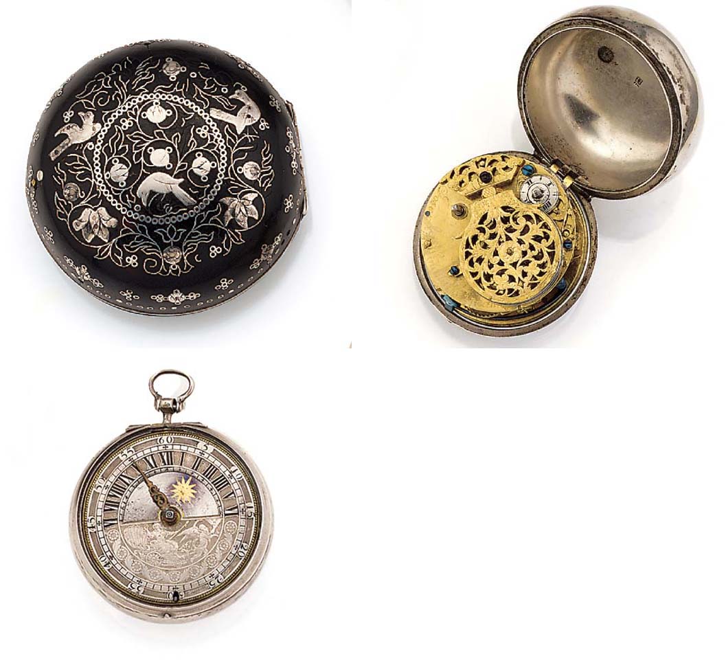 A RARE SILVER AND TORTOISESHELL PAIR CASED VERGE POCKET WATCH WITH SUN ...