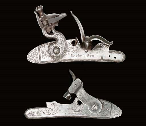 AN IRISH FLINTLOCK MECHANISM FOR A SPORTING GUN, AND A PAIR OF ...