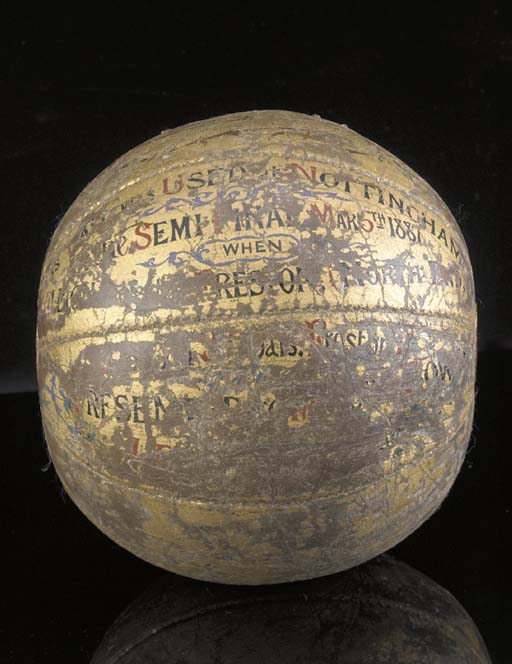 The segmented leather ball, gilded, painted and inscribed This Ball Was ...