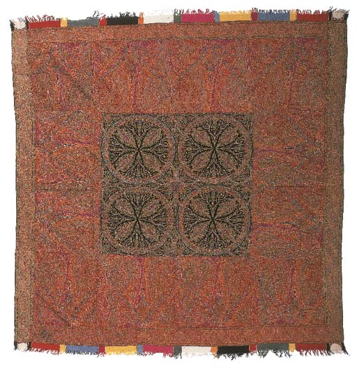 A patchwork jamawar rumal shawl, the borders woven in bright colours ...