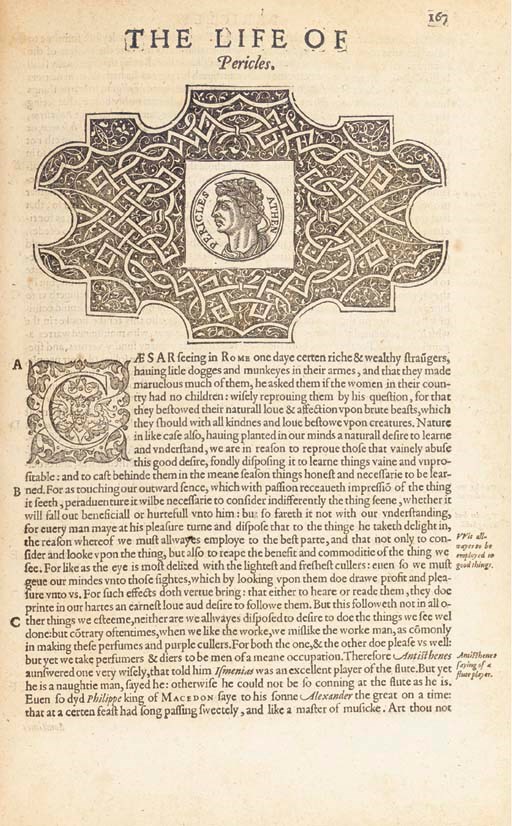 PLUTARCH (?46 - ?120). The Lives of the Noble Grecians and Romanes ...