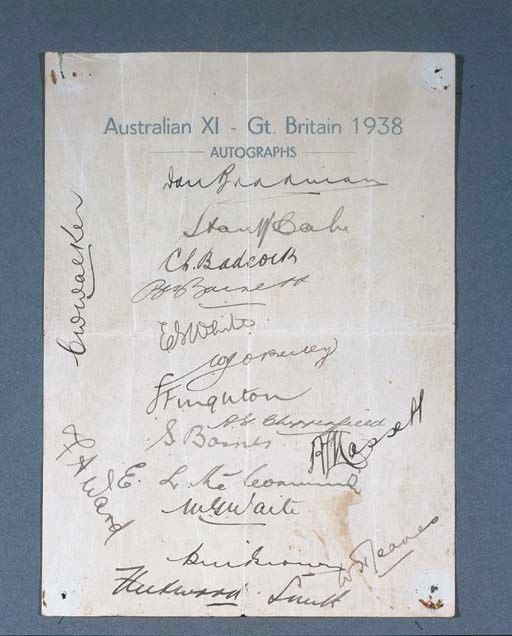 AUSTRALIA IN ENGLAND 1938, page with printed heading 'Australian XI ...