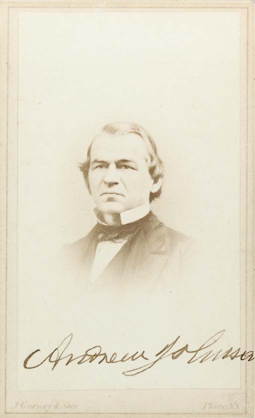 JOHNSON, Andrew. Carte-de-visite portrait photograph signed ("Andrew ...