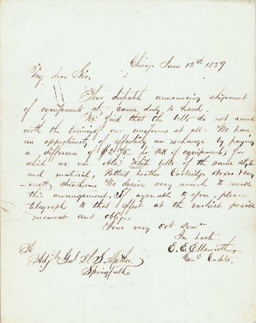ELLSWORTH, Elmer Ephraim (1837-1861), Union Officer. Autograph letter ...