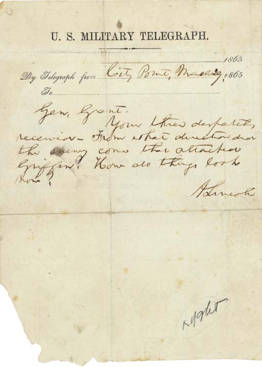 LINCOLN, Abraham. Autograph telegram signed ("A Lincoln") as President ...