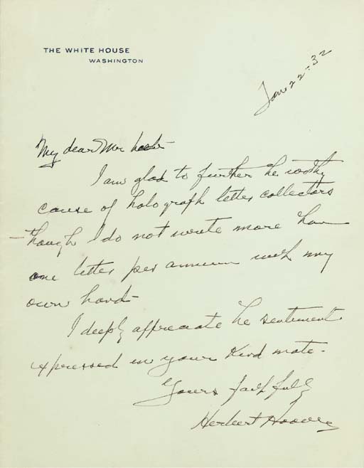 HOOVER, Herbert. Autograph letter signed ("Herbert Hoover") as ...