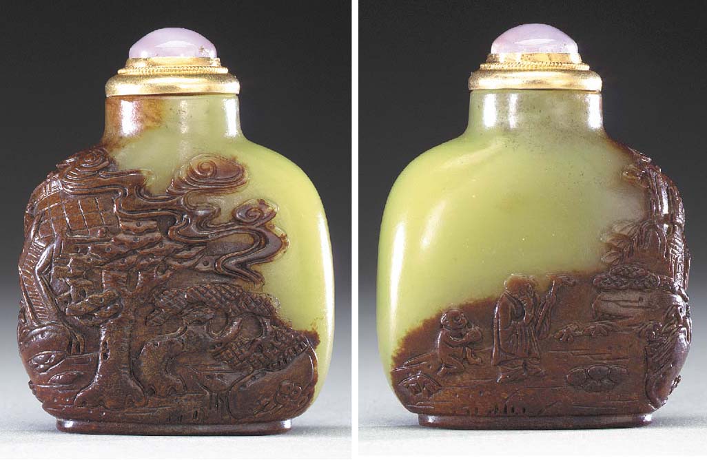 A RARE AND FINE CARVED YELLOWISH-GREEN AND RUSSET JADE BOTTLE