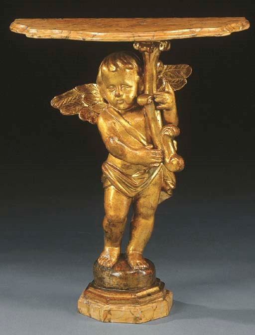 COPPIA DI PUTTI ALATI IN LEGNO SCOPITO, DIPINTO E DORATO,