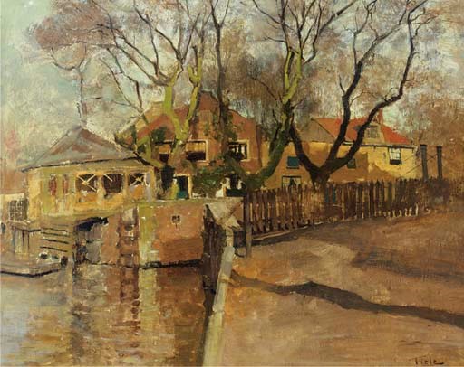 Jan Tiele (1884-1956) , Polderhuis met sluis, gezien vanaf Hobbemakade ...