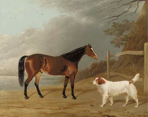 Edwin Cooper (British, 1785-1833) , A Bay hunter with a dog by a fence ...