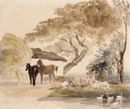 Peter de Wint, O.W.S. (1784-1849) , Horses and sheep by a farm pond ...