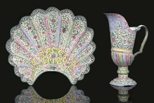 A Chinese Canton enamel helmet-shaped ewer and shell-shaped basin