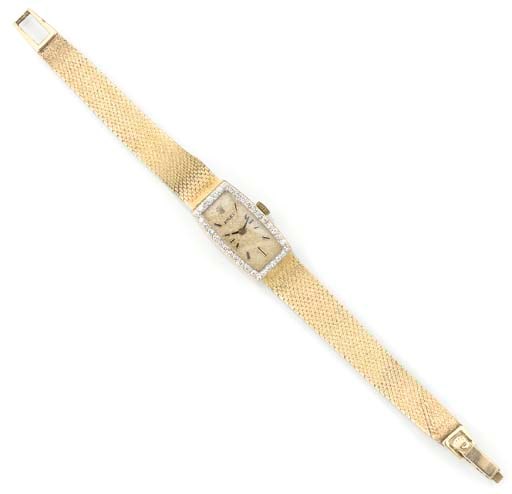 ROLEX, A LADY'S 14ct. GOLD RECTANGULAR DIAMOND SET WRISTWATCHsigned ...
