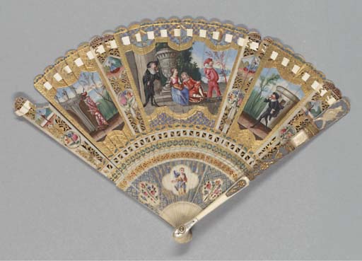 Early 18th century ivory brise fan, finely painted with characters from ...