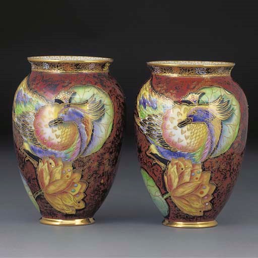 A Pair of Carlton Ware Crested Bird and Waterlily Vases | Christie's