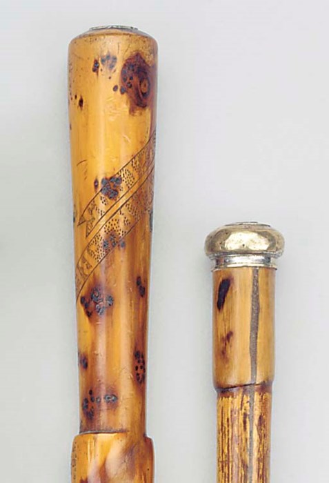 A prisoner-of-war work burr-wood walking stick with extendable steel ...