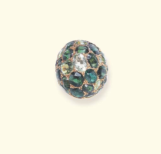 A RETRO TOURMALINE, PERIDOT AND EMERALD RING, BY SUZANNE BELPERRON ...