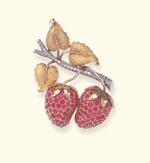 A SYNTHETIC RUBY AND DIAMOND BROOCH