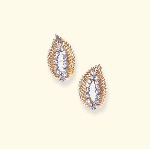 A PAIR OF GOLD AND DIAMOND EAR CLIPS | Christie's