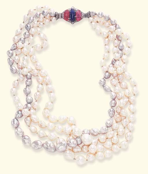 A FOUR-STRAND BAROQUE CULTURED PEARL AND MULTI-GEM NECKLACE | Christie's