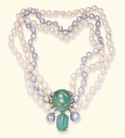 A TRIPLE-STRAND BAROQUE CULTURED PEARL AND EMERALD PENDANT NECKLACE ...