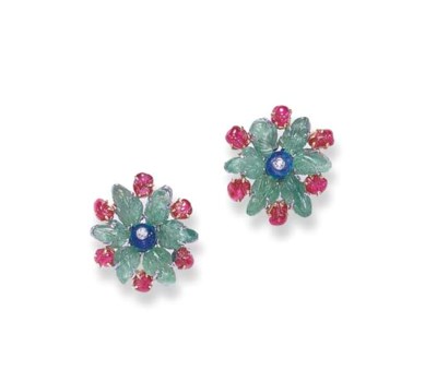 A PAIR OF ART DECO MULTI-GEM EAR CLIPS | Christie's
