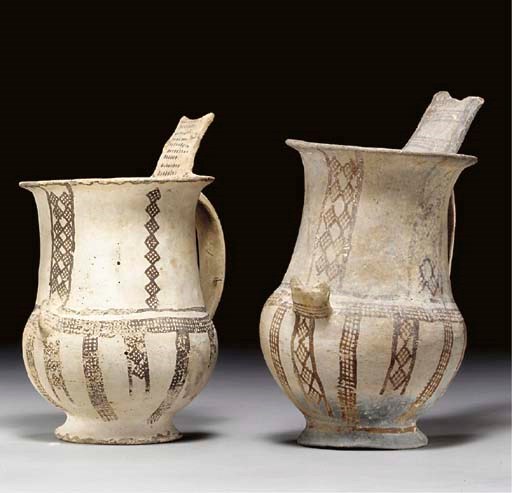 TWO CYPRIOT WHITE-SLIP WARE TANKARDS , LATE CYPRIOT I, CIRCA 1600-1450 ...